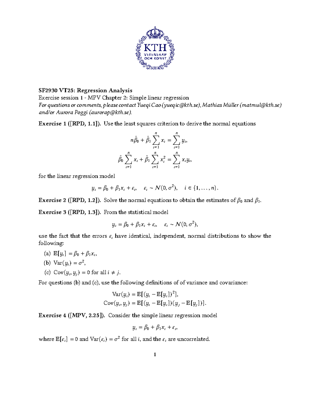 SF2930 VT25: Regression Analysis Exercise Session 1 - Simple Linear ...