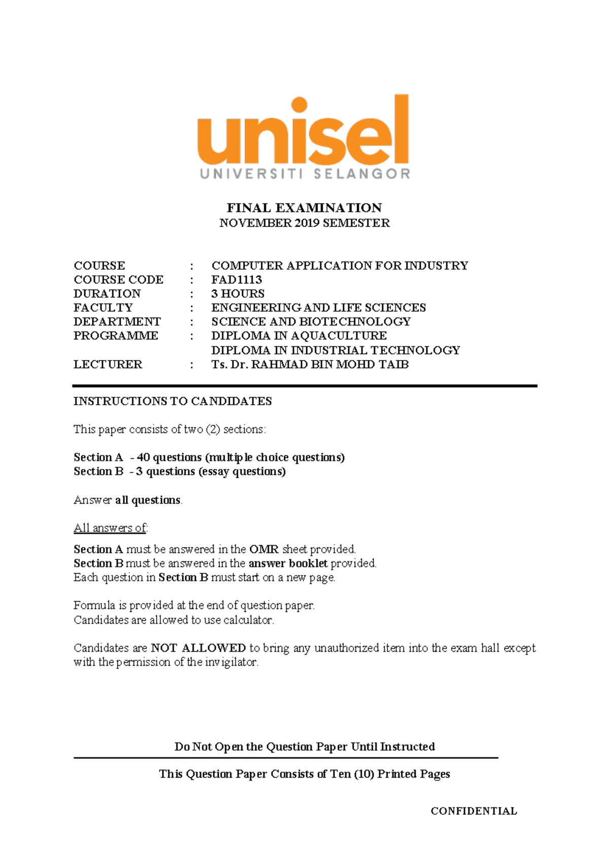 Final Exam - Computer Application for Industry (FAD) November 2019 ...