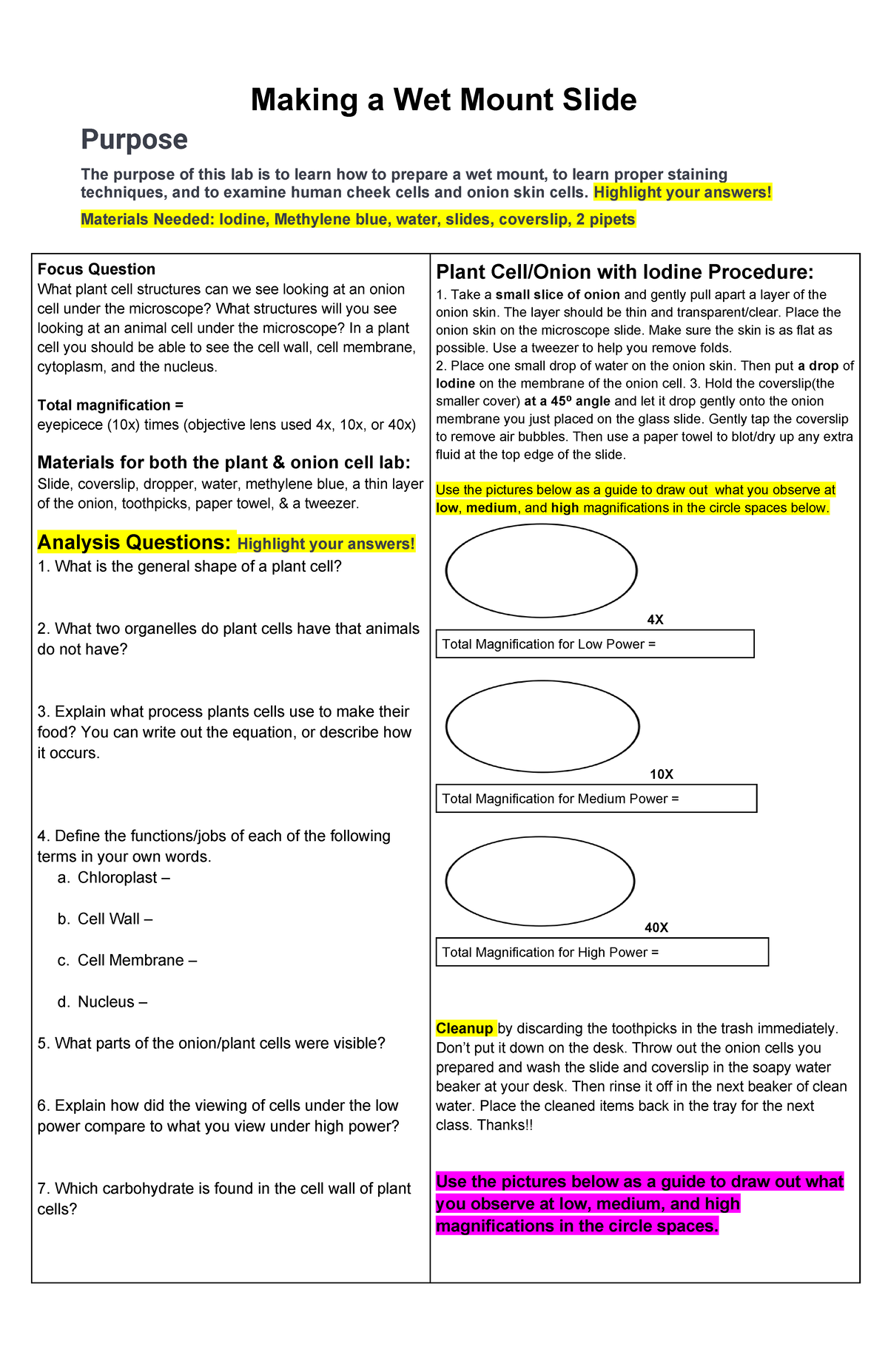 Making a Wet Mount Slide Lab 2023 - Making a Wet Mount Slide Purpose ...