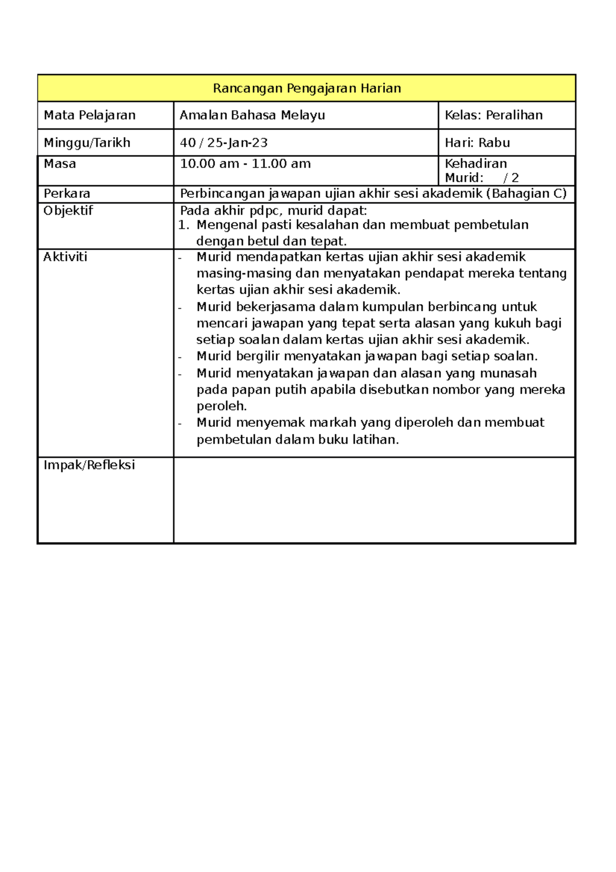 RPH ABM 40 - Rancangan Pengajaran Harian Amalan Bahasa Melayu - Studocu