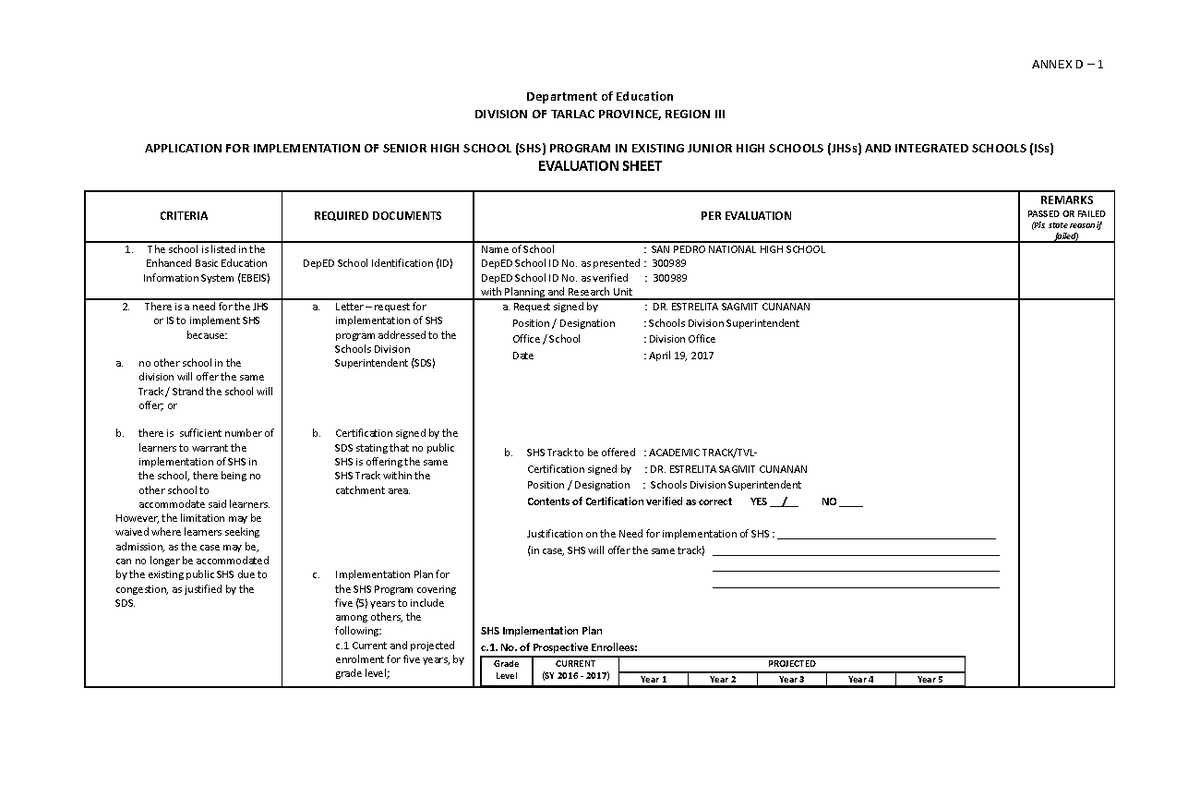 ANNEX D-1: Evaluation for SHS Program Implementation in JHSs - Studocu