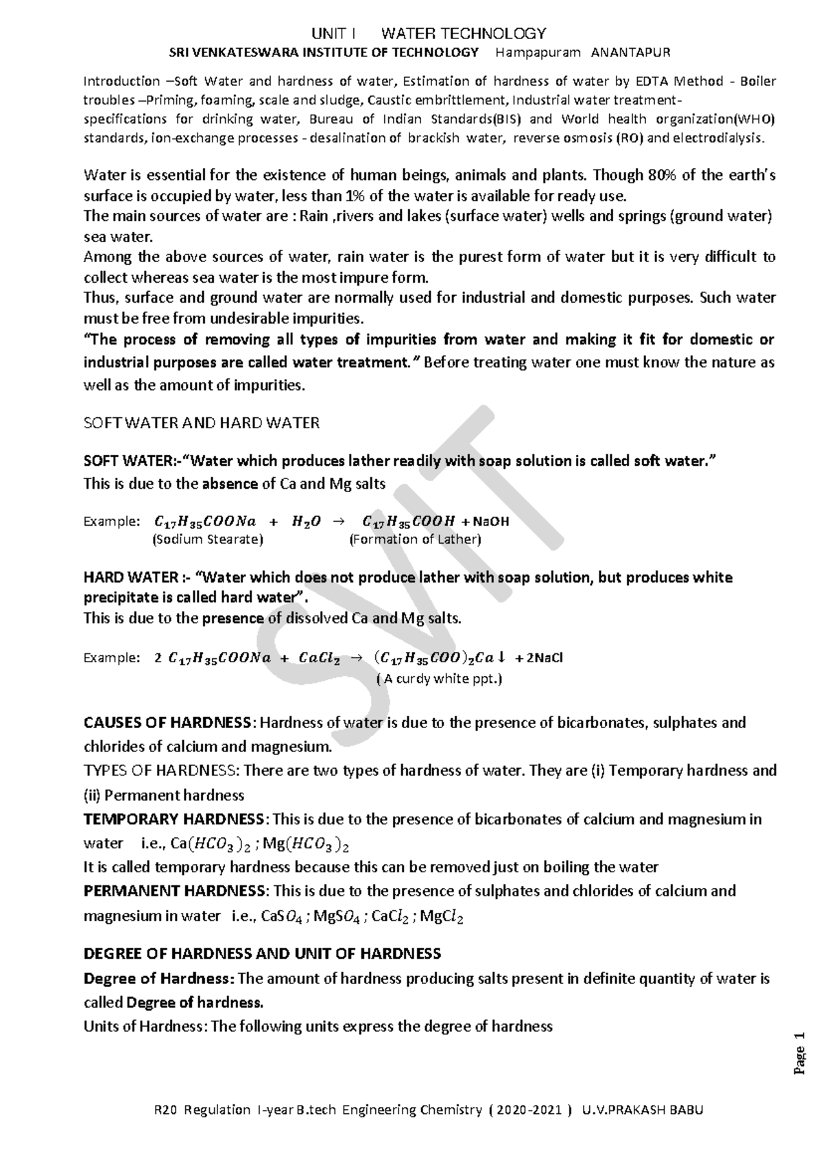 WATER TECHNOLOGY: UNIT I - HARDNESS, TREATMENT & STANDARDS (C&M 2021 ...