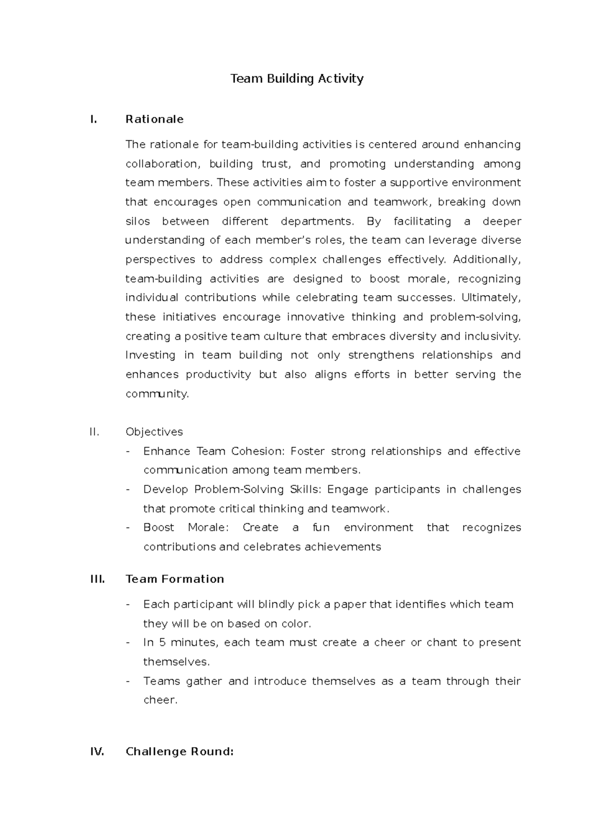 Team Building Activity - Rationale The rationale for team-building ...