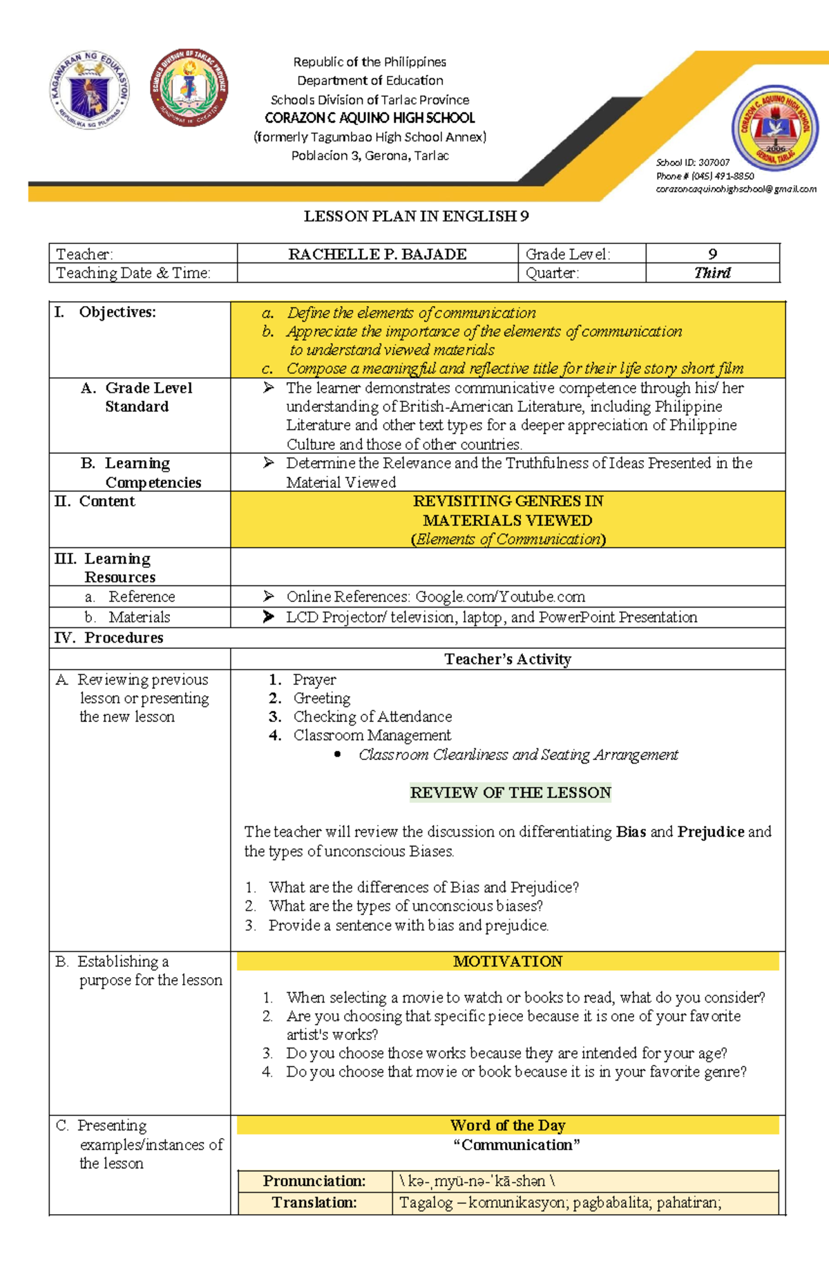 DLP 1 Lesson Plan: Elements of Communication for English 9 - Studocu
