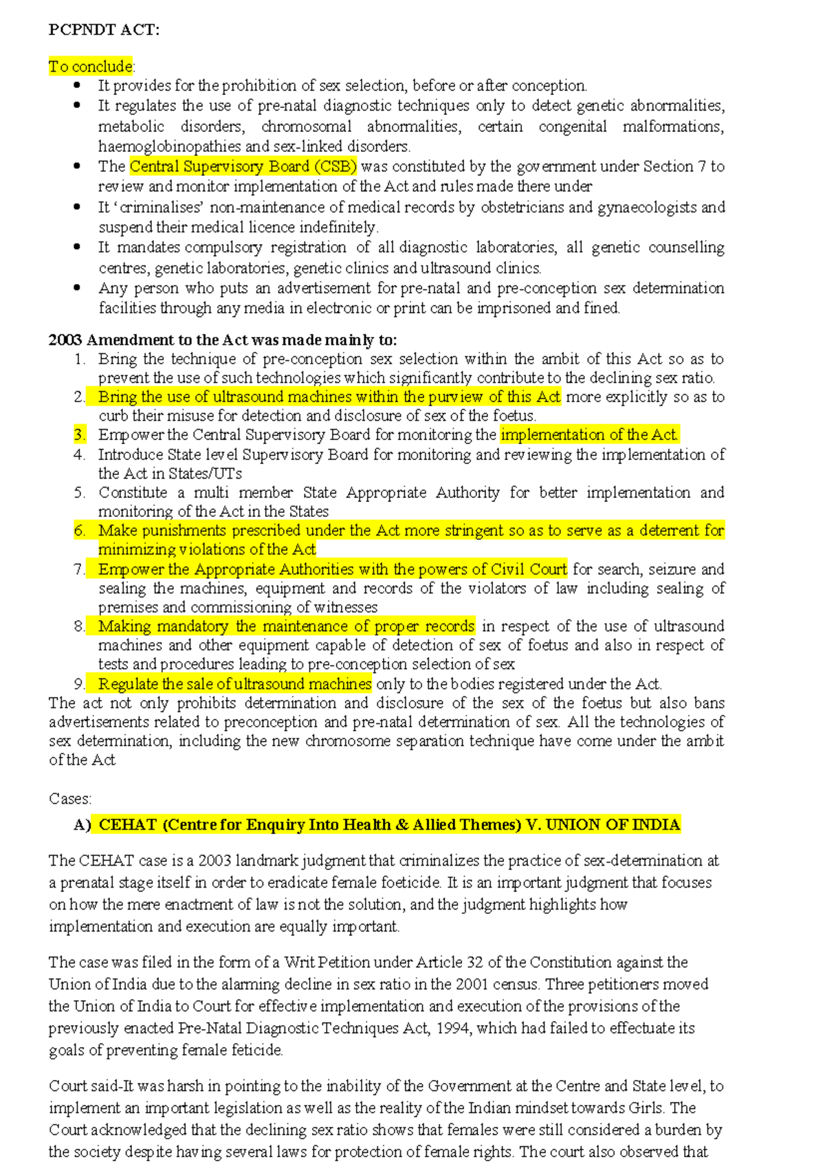 PCPNDT Act: Comprehensive Notes and Case Law Analysis - Studocu
