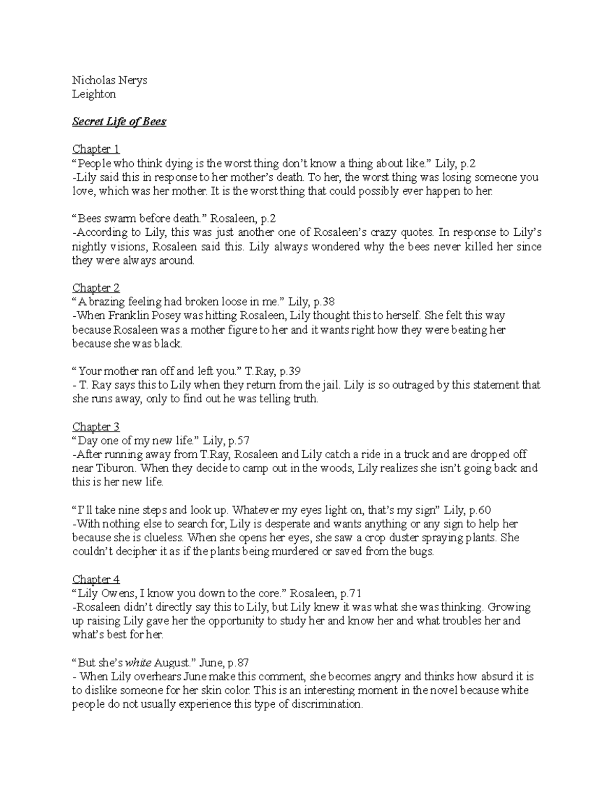 Secret Life of Bees (Quotes from Chapters 1-14) - Studocu