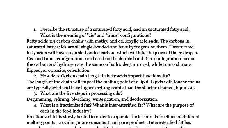 HW #3 - Structure and Functionality of Fatty Acids and Fats - Studocu
