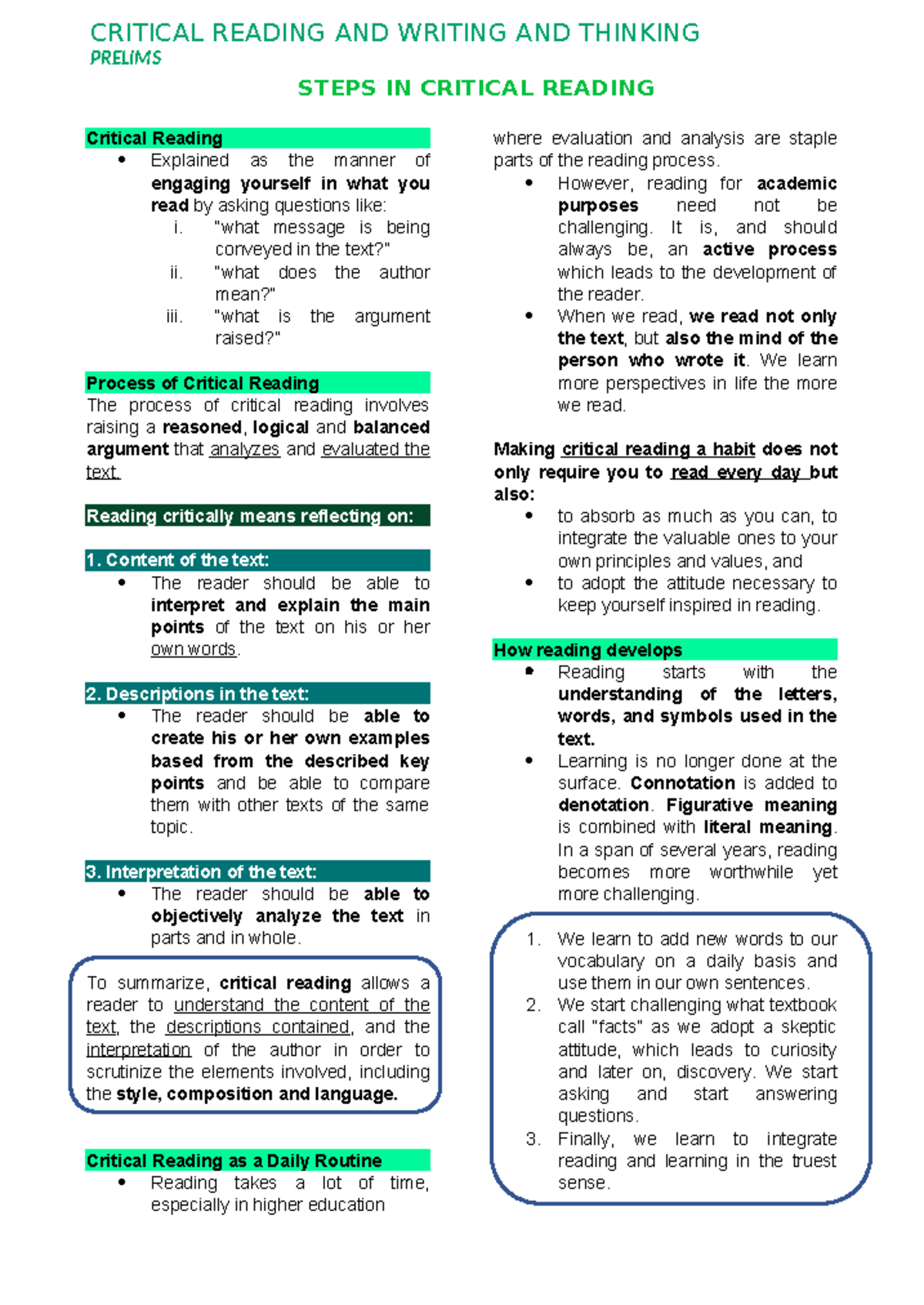 CRWT Prelims: Steps and Strategies for Effective Critical Reading - Studocu