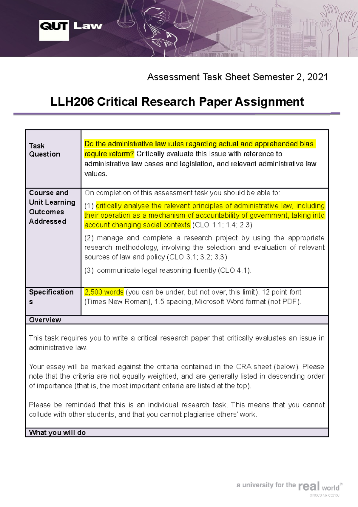 LLH206 Task 1 Assignment Semester 2 2021 - Assessment Task Sheet ...