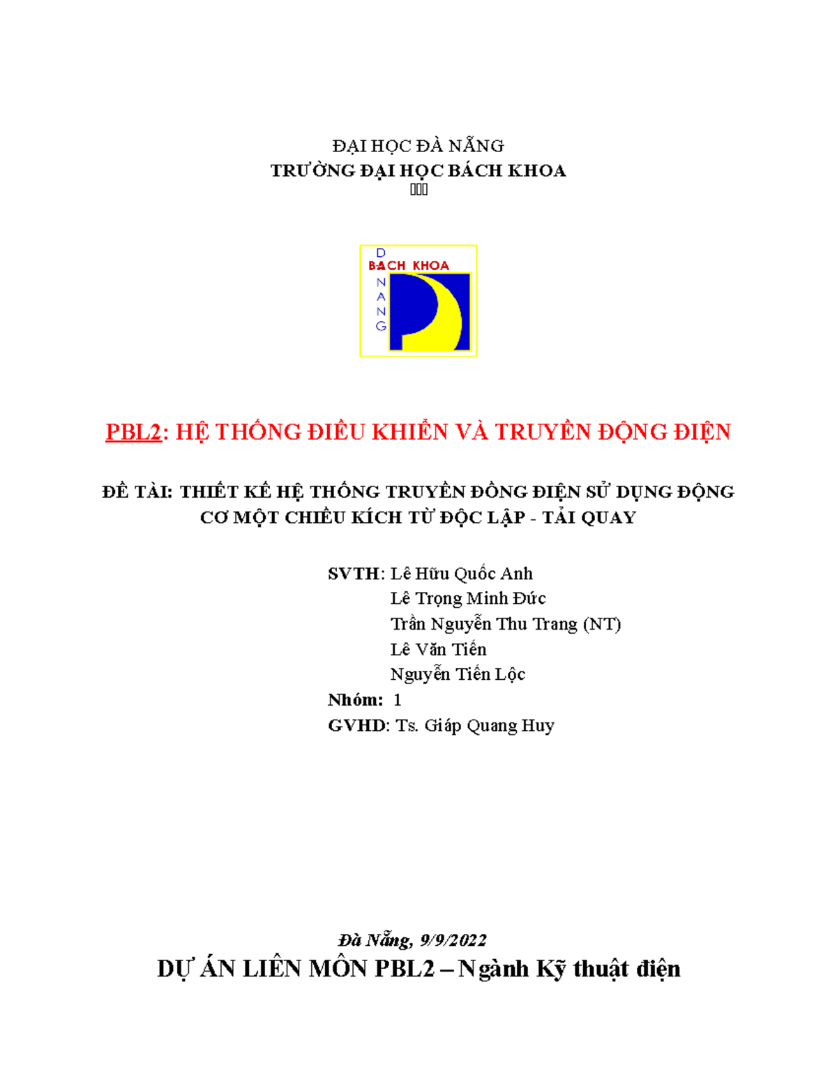 PBL2: Thiết Kế Hệ Thống Truyền Động Điện Độc Lập - Khóa 20DCLC - Studocu