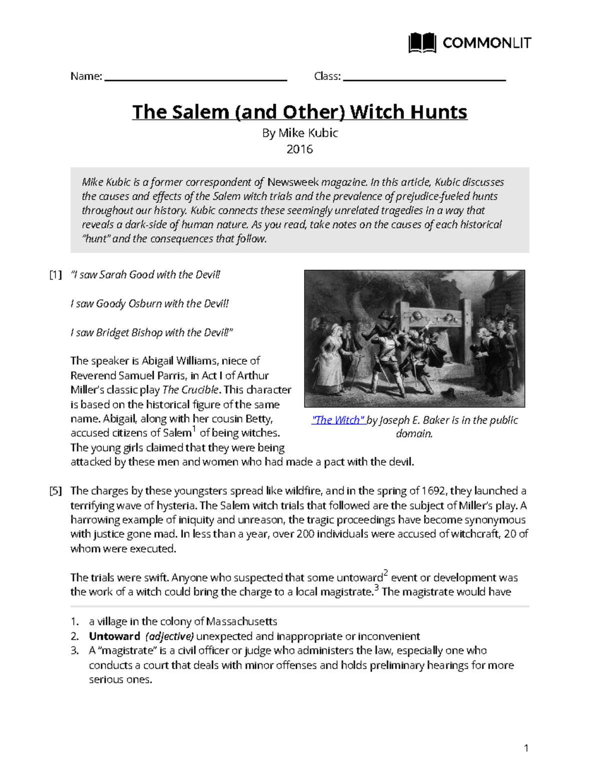 Common Lit: The Salem Witch Hunts and Their Historical Impact - Studocu