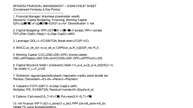 AFIN2053 Exam Cheat Sheet - AFIN2053 FINANCIAL MANAGEMENT – EXAM CHEAT ...