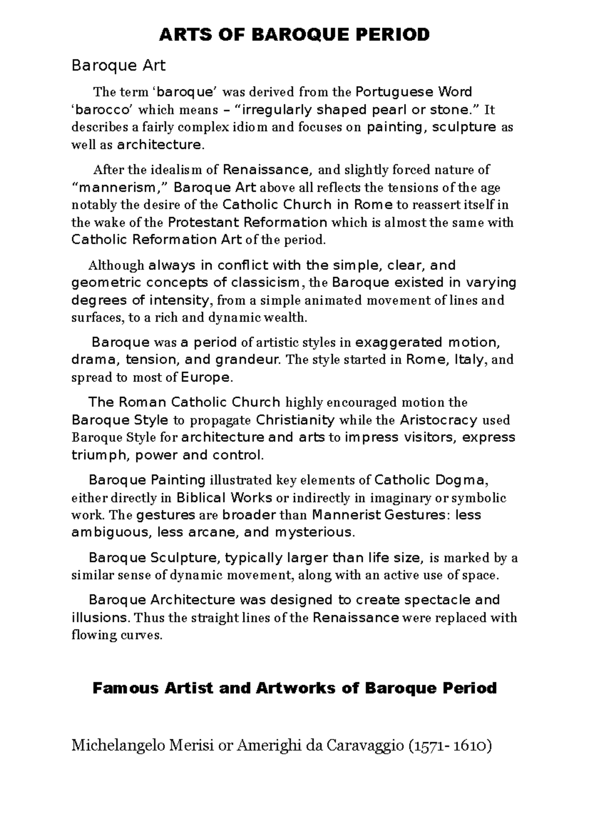 ARTS OF BAROQUE PERIOD: Insights into Style and Influential Artists ...