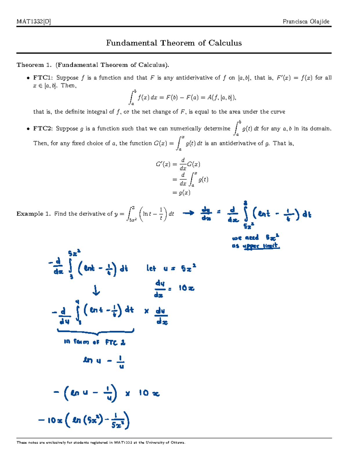 MAT1332 Lecture Notes: Fundamental Theorem of Calculus Examples - Studocu