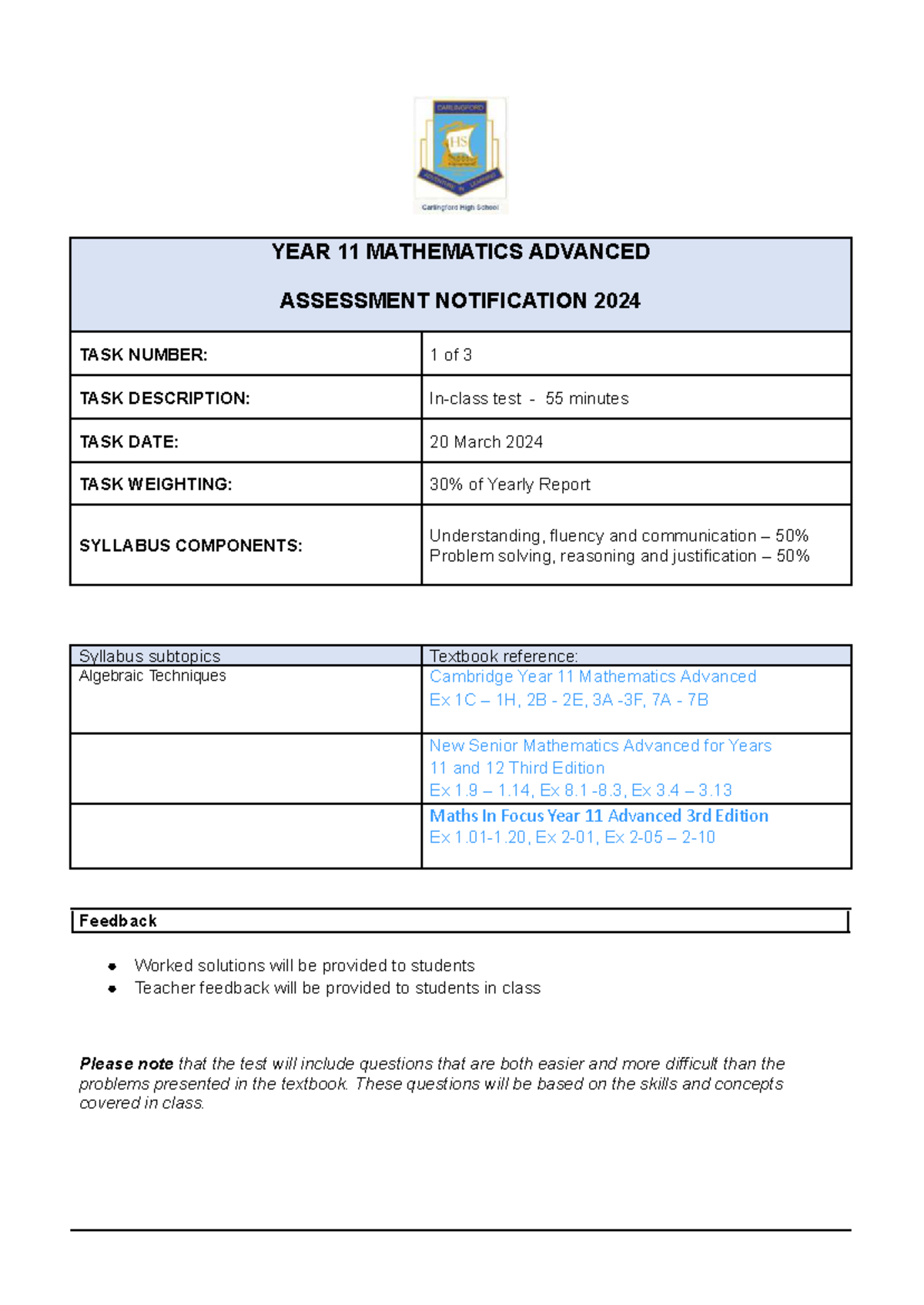 YEAR 11 MATHEMATICS ADVANCED TASK 1 NOTIFICATION 2024 - Studocu