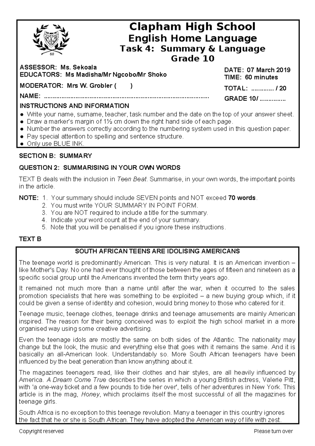 Grade 10 English Home Language Task 4: Summary & Language Analysis ...