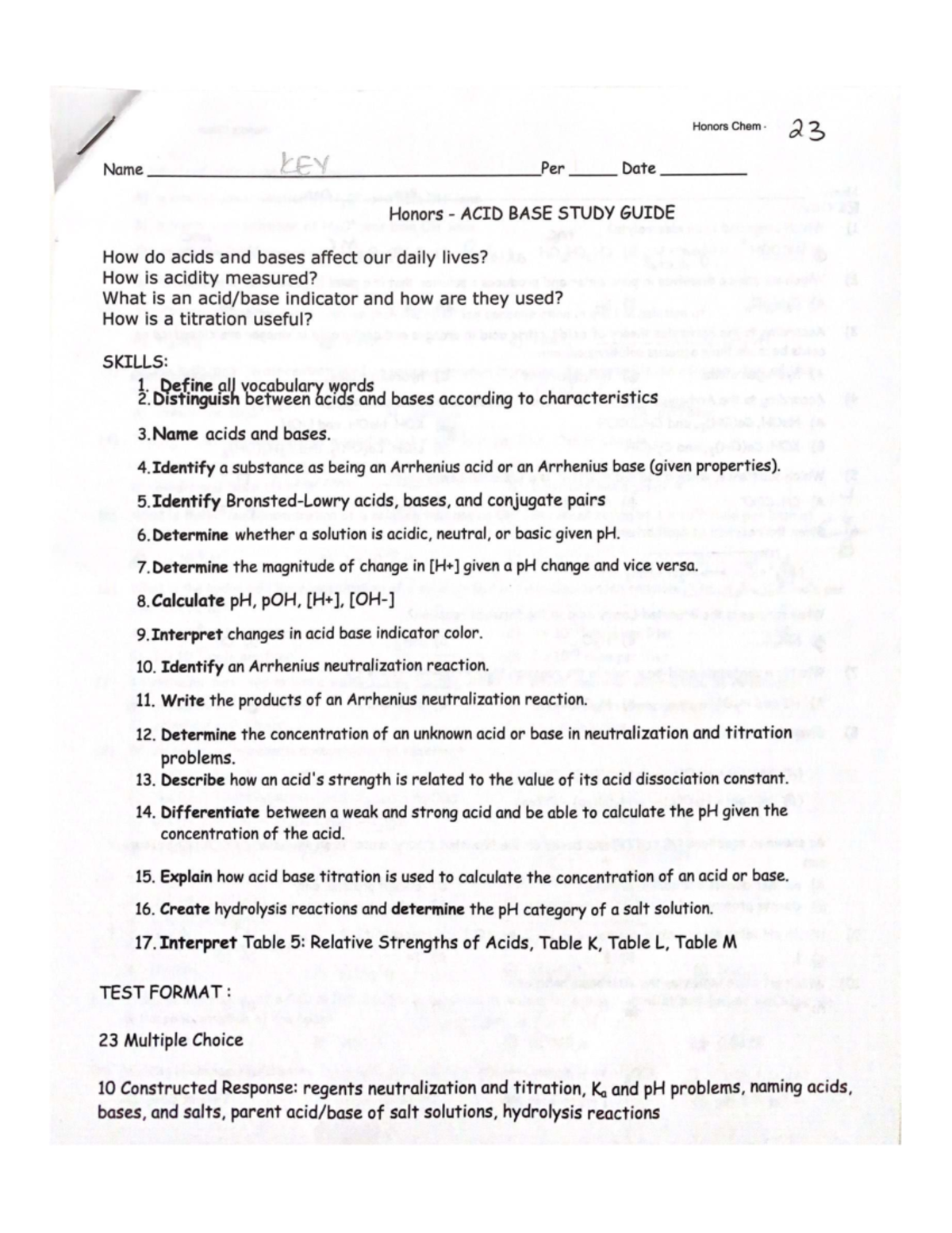 Honors Chem 23 Acid-Base Study Guide: Key Concepts and Skills - Studocu