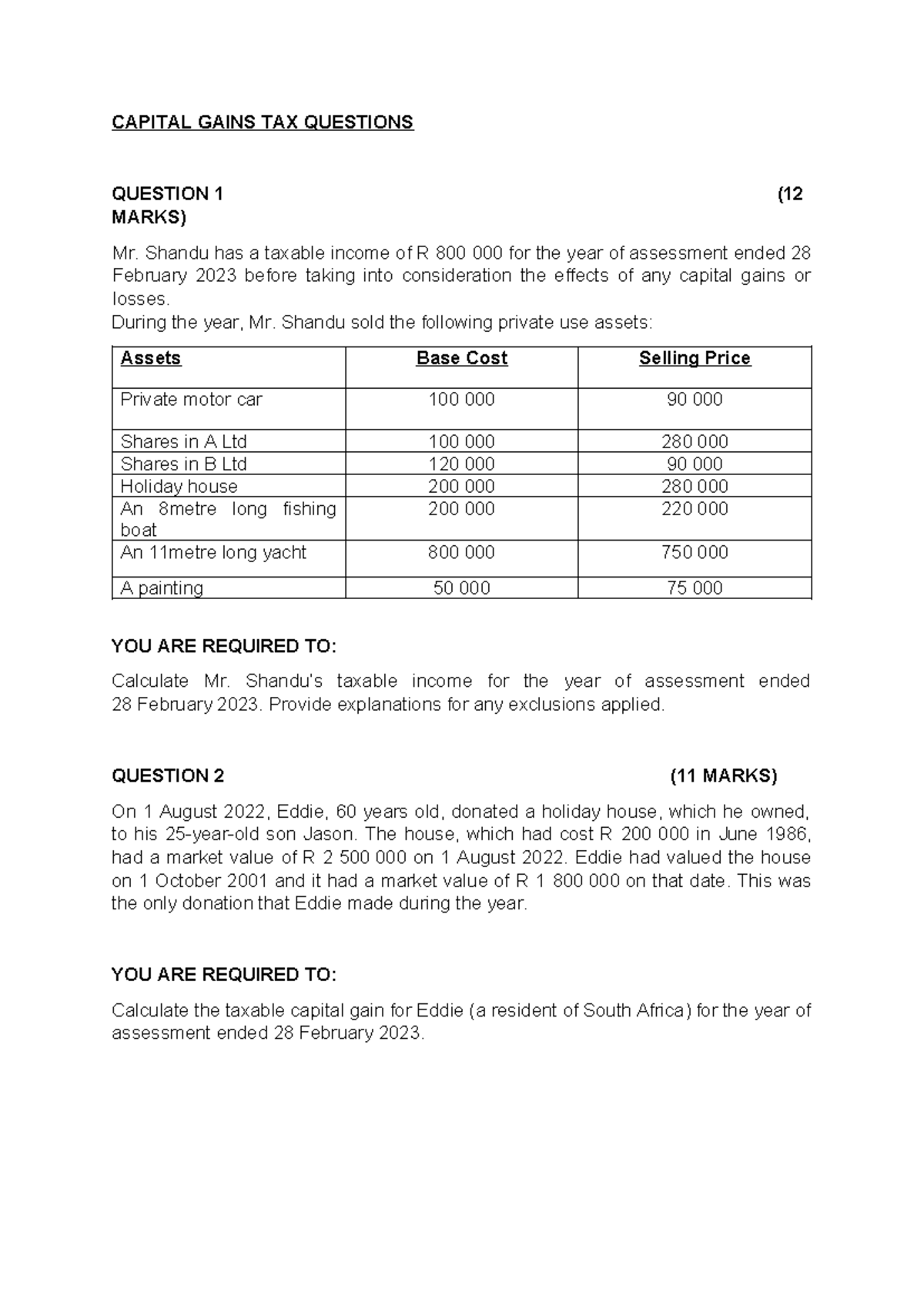 Capital Gains Tax Questions 1-3 (2023) Analysis and Calculations - Studocu