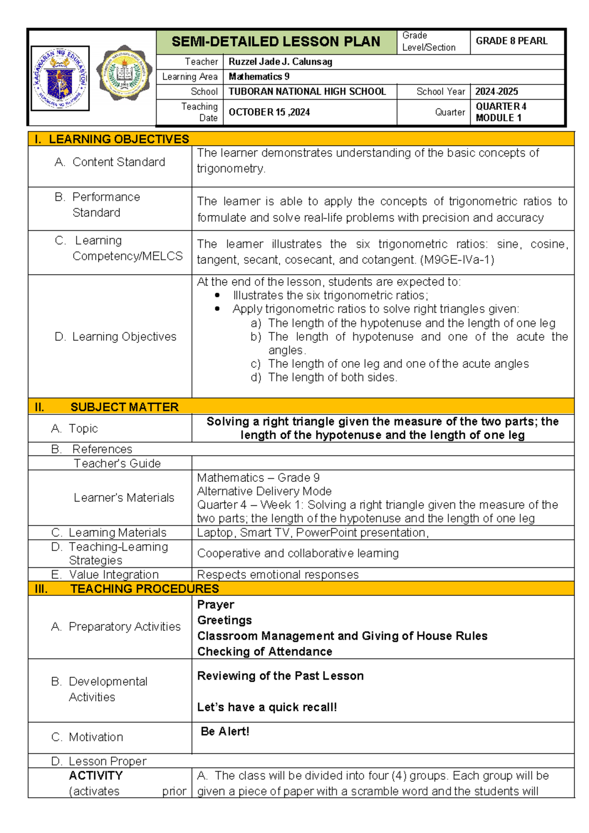 ENG-8 Q1216 - Lesson Plan - SEMI-DETAILED LESSON PLAN Grade Level ...