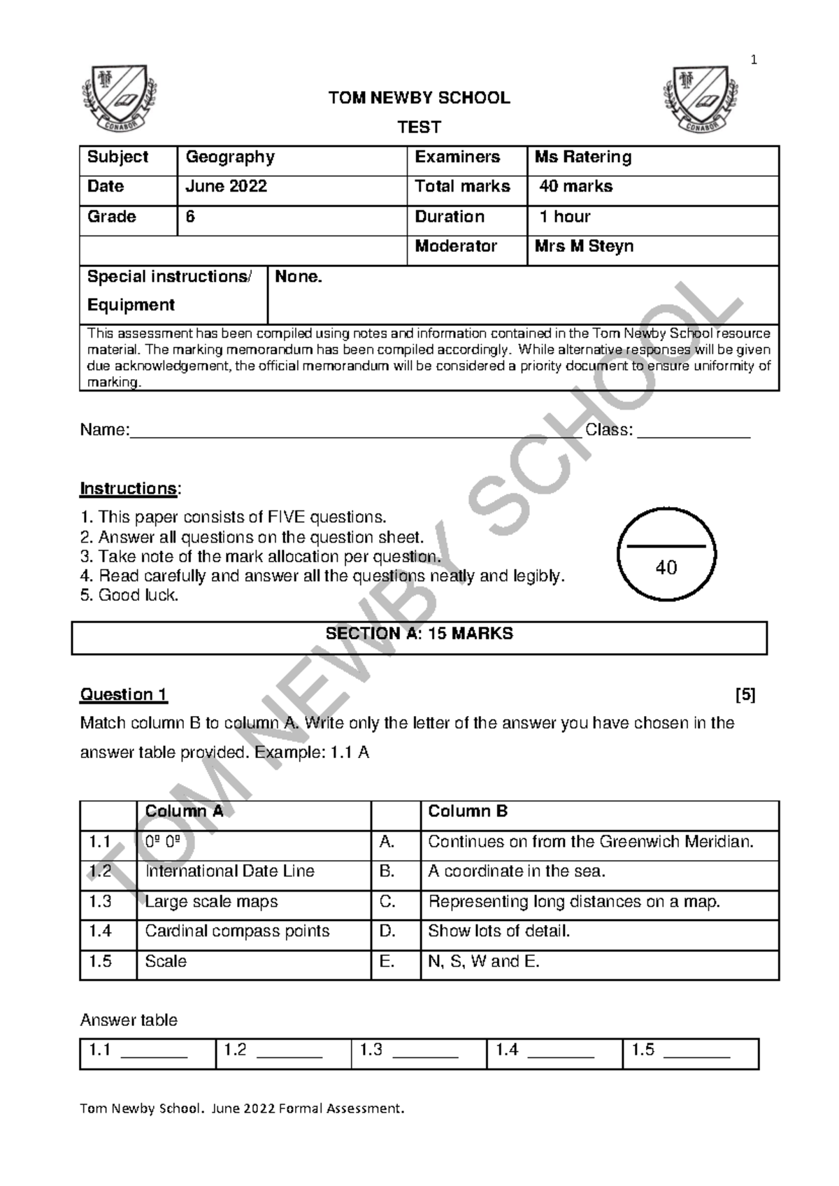 Grade 6 Geography Exam Test - June 2022 Assessment Document - Studocu