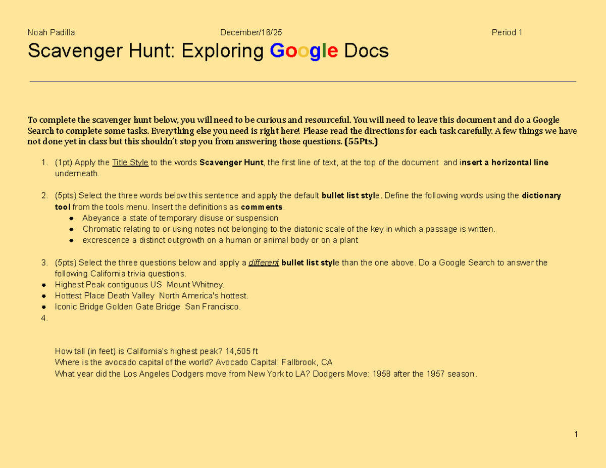 Noah Period 1 Scavenger Hunt: Mastering Google Docs Tasks - Studocu