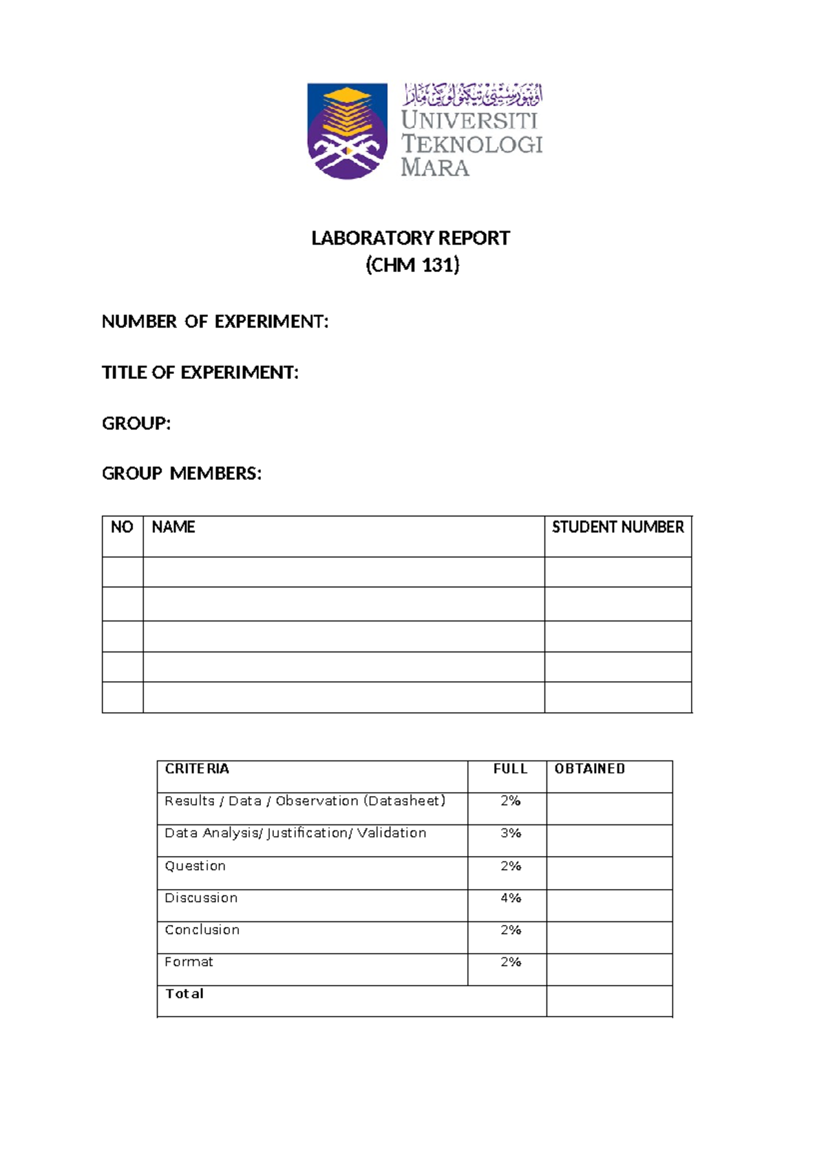 Cover PAGE Report - Uitm jengka - Diploma in science - LABORATORY ...