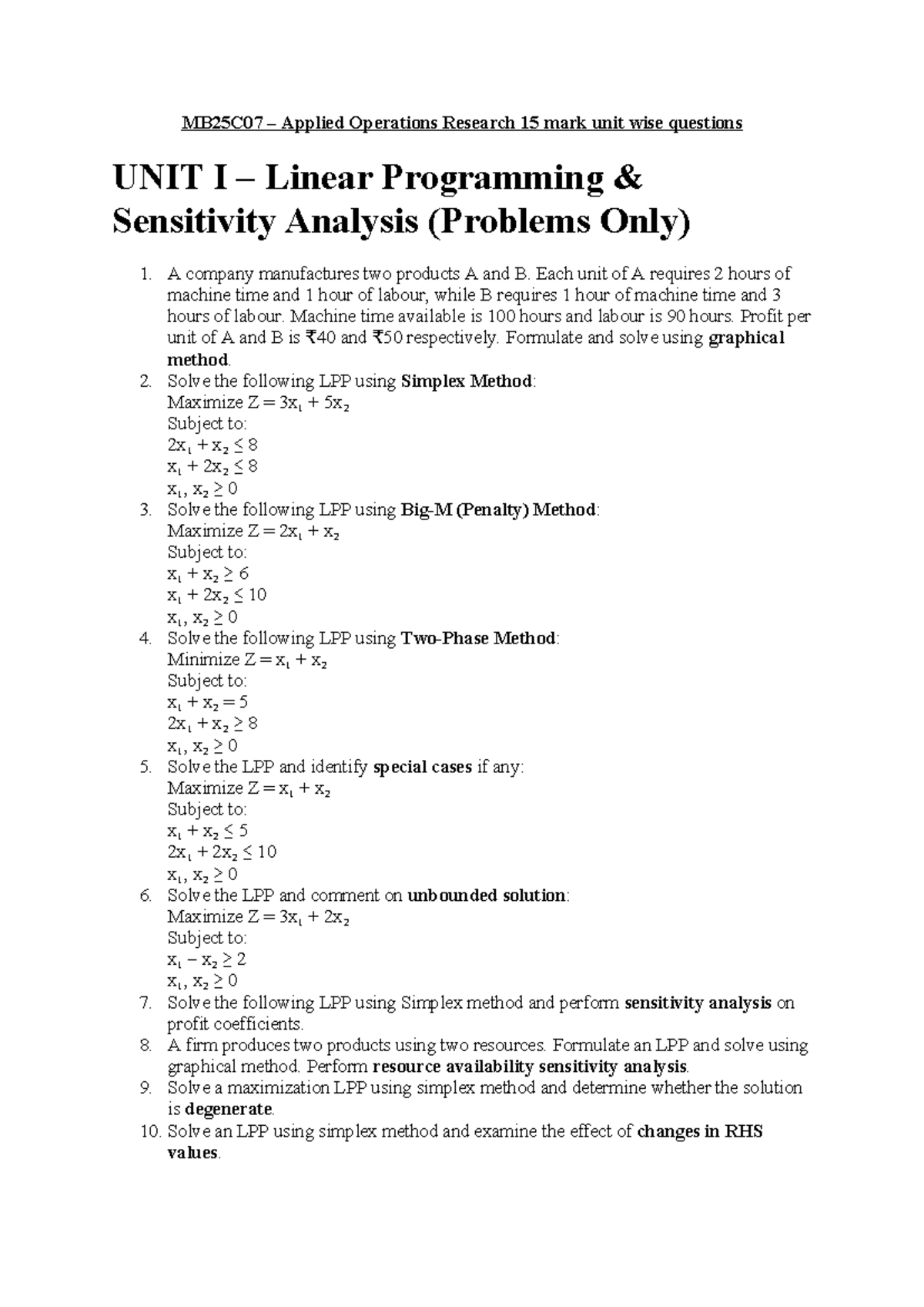 MB25C07 Applied Operations Research: Unit Wise Questions & Solutions ...