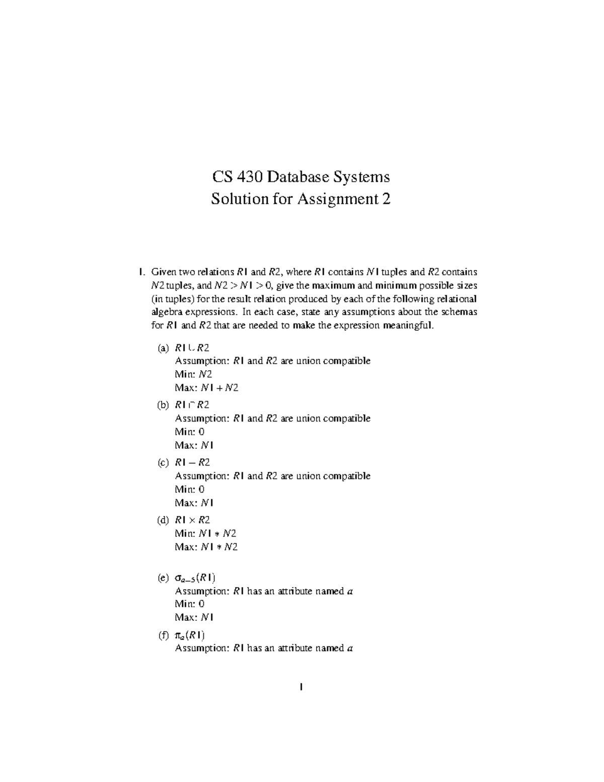 Relational algebra Solution - CS 430 Database Systems Solution for ...