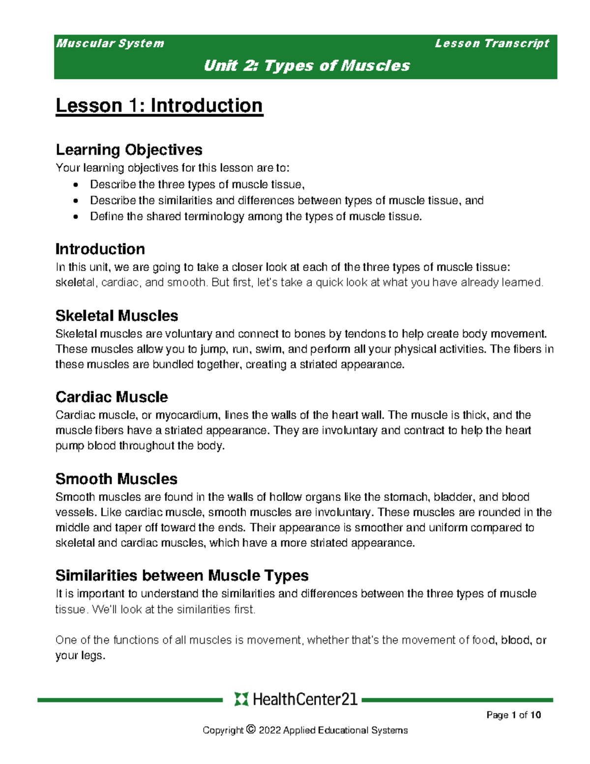 Muscular System: Functions and Characteristics of Muscle Types (Unit 2 ...