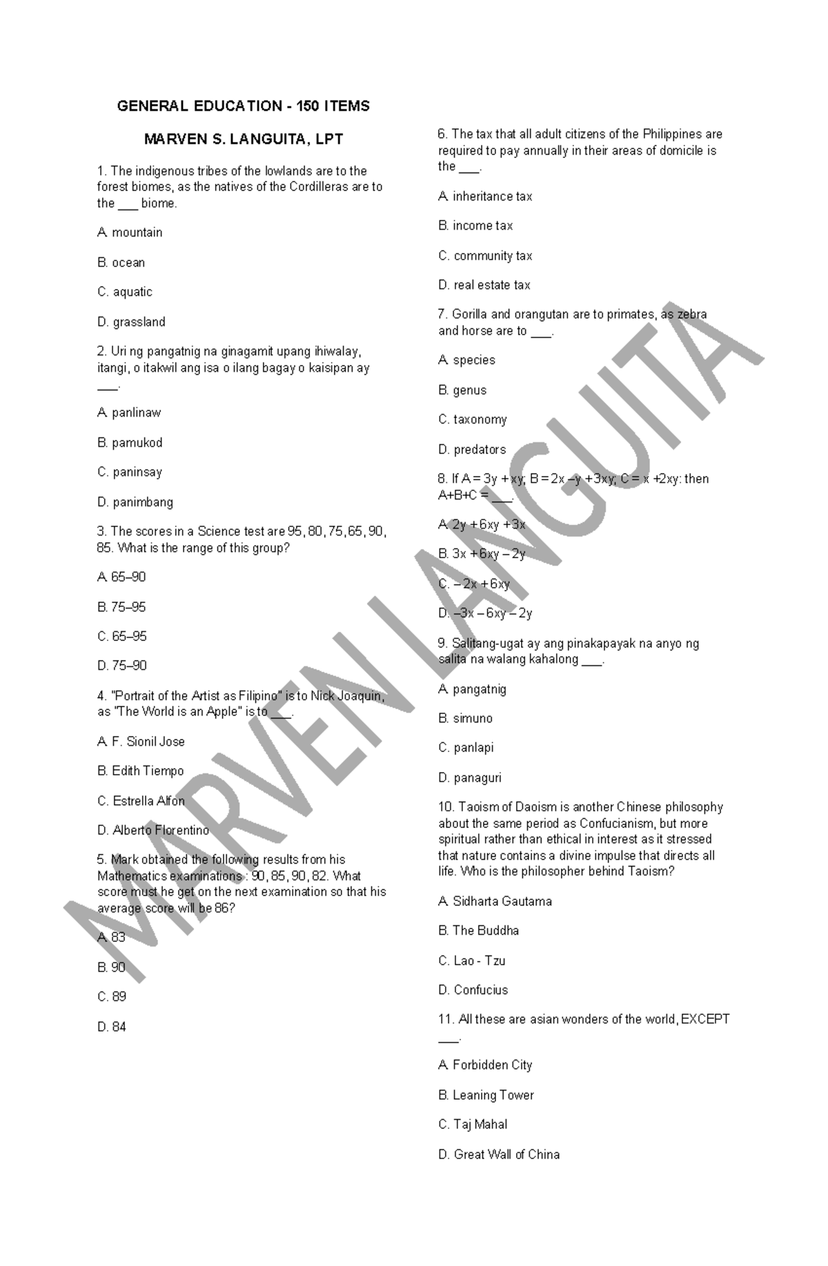 Gen Ed 150 Items LET Reviewer for LEPT Takers - Studocu