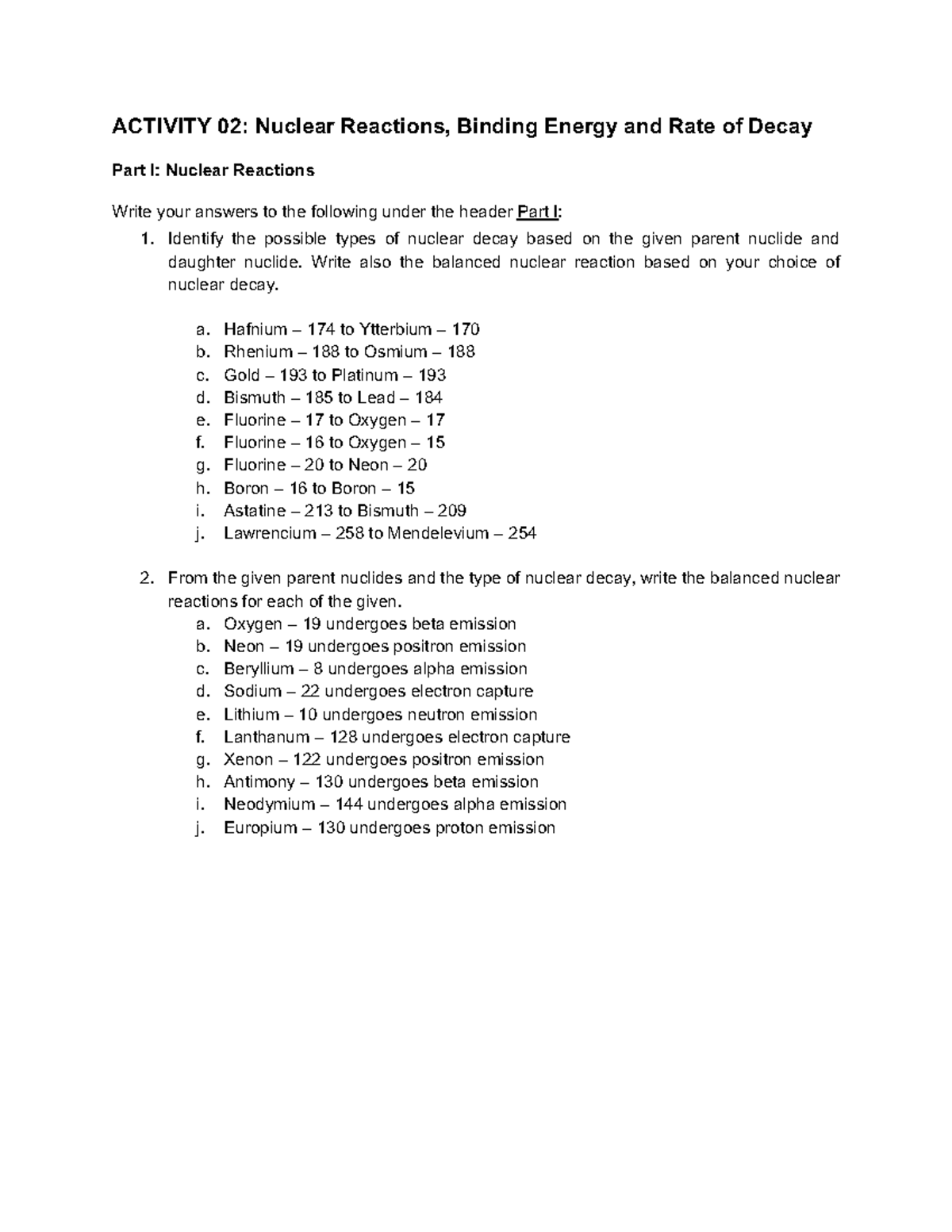 Activity 02: Nuclear Reactions, Binding Energy & Decay Rates - Studocu