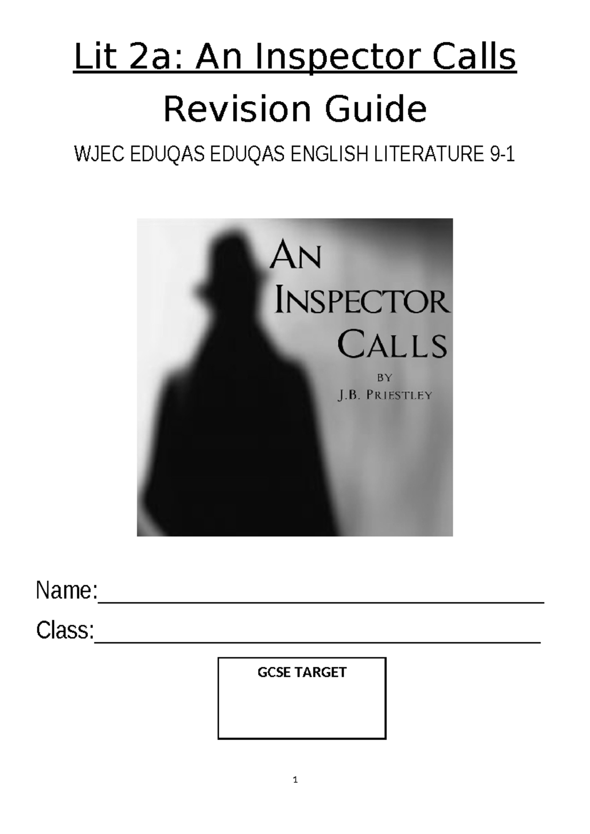 Lit 2a: An Inspector Calls Revision Notes for WJEC EDUQAS English ...