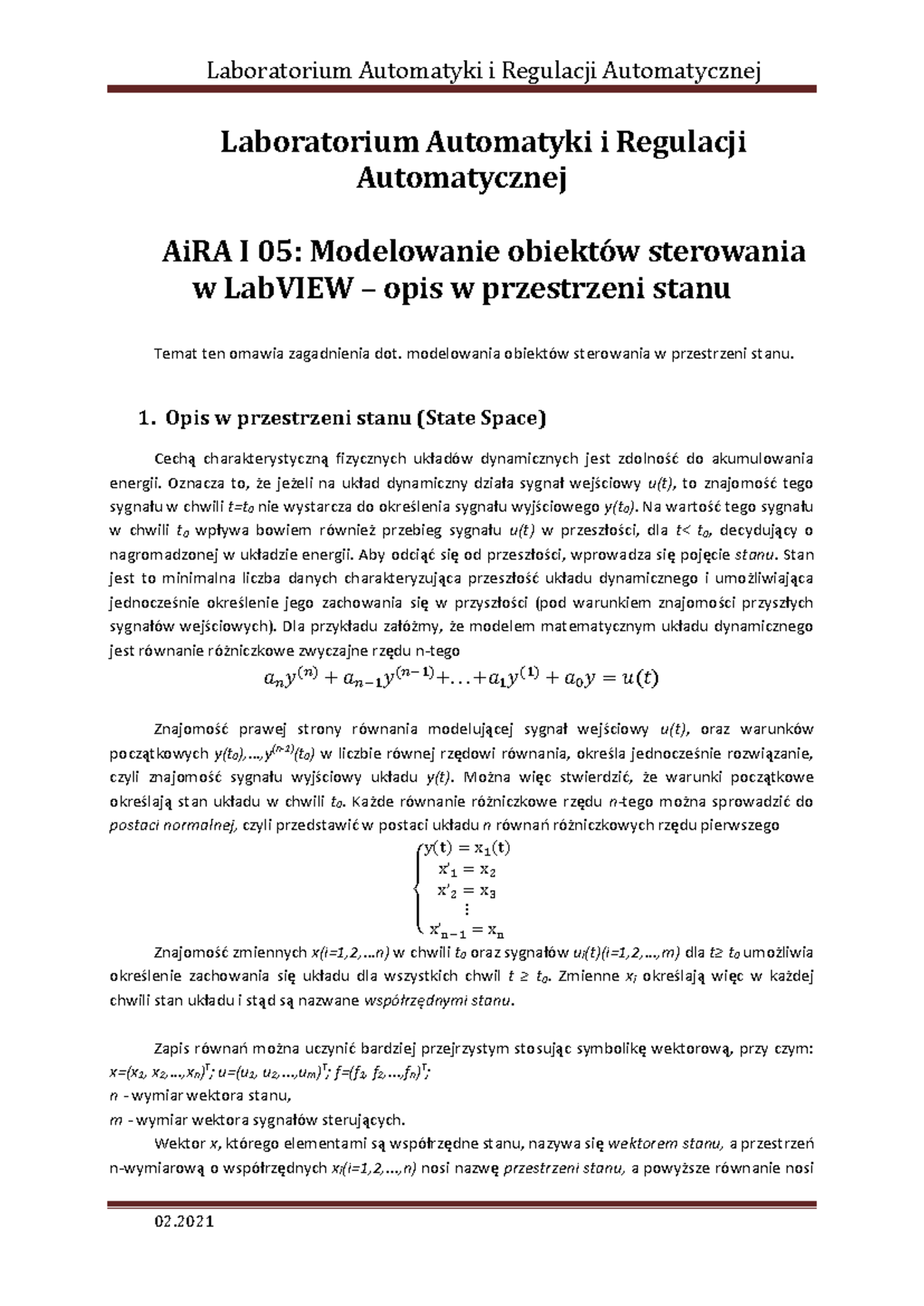 AiRA I 05: Modelowanie Obiektów Sterowania w LabVIEW - Przestrzeń Stanu ...