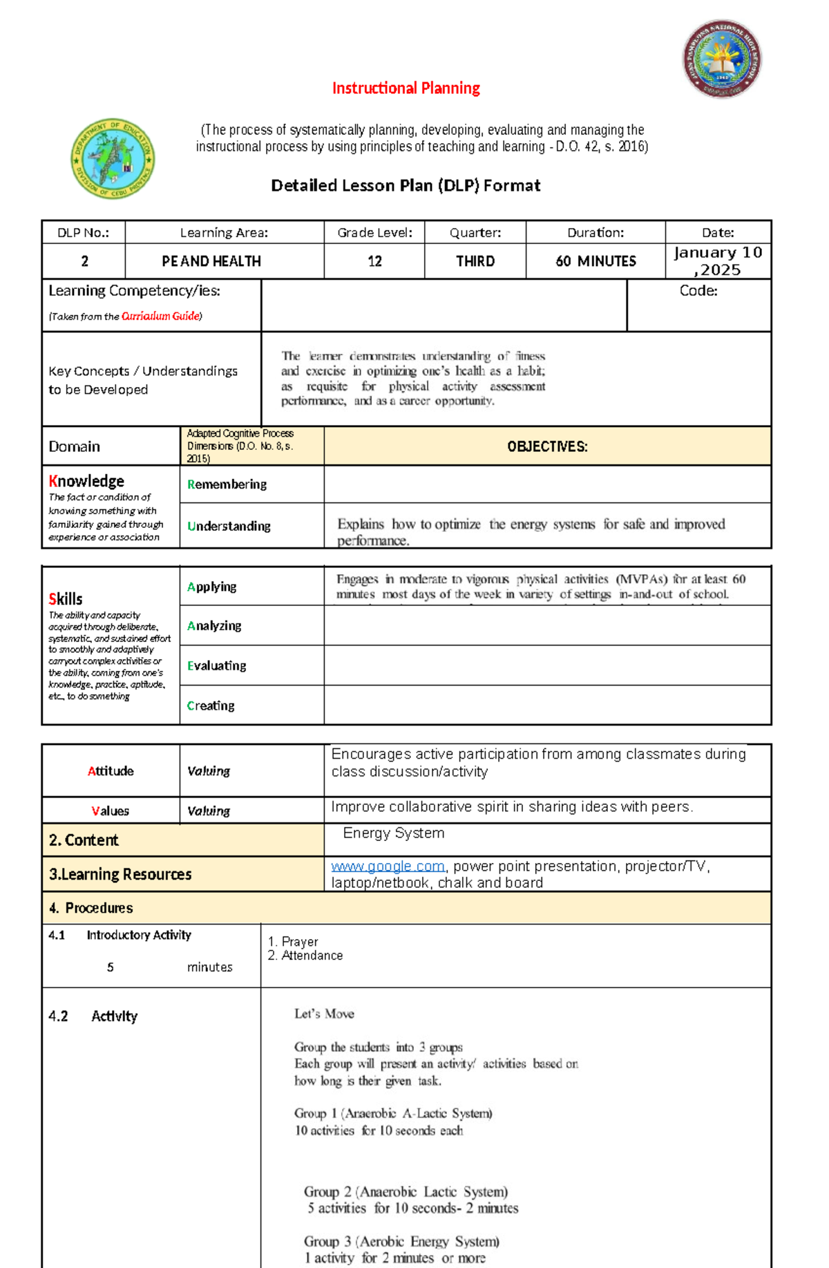 PE 12 Week 2 Detailed Lesson Plan - Physical Education - Studocu