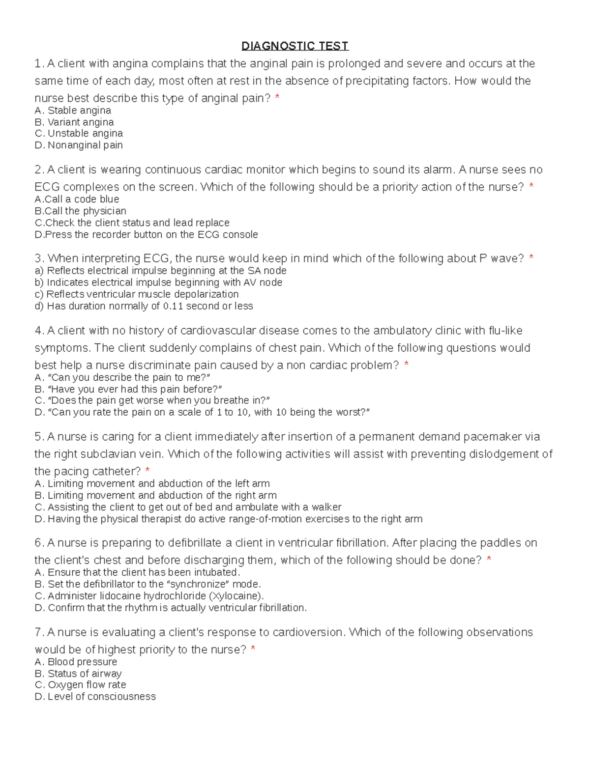 Nursing Diagnostic Test Questions and Answers: Understanding Cardiac ...