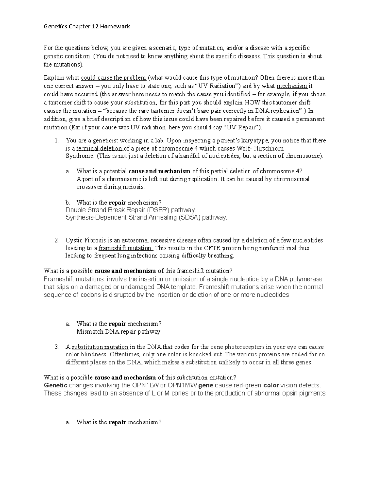Genetics HW for Chapter 12 Summer 2020 - Genetics Chapter 12 Homework ...
