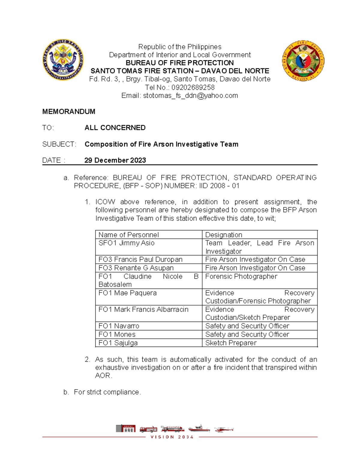 Composition of Arson Investigative Team - BFP Memorandum 29 Dec 2023 ...