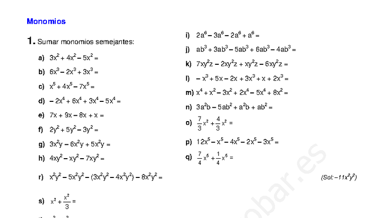 Operaciones con Monomios: Ejercicios y Soluciones (MAT101) - Studocu