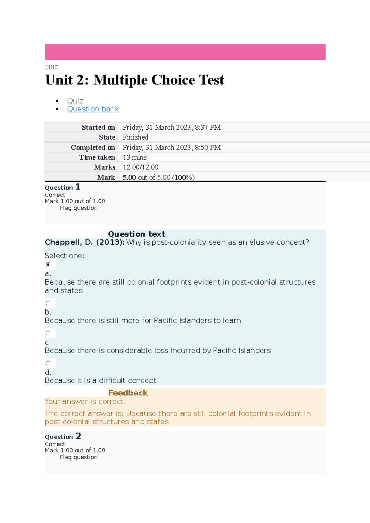 Quiz 2 - quiz - QUIZ Unit 2: Multiple Choice Test Quiz Question bank ...