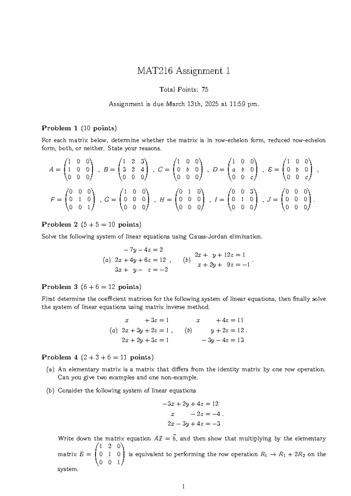MAT216 Assignment 1 - Faculty - ANC - MAT216 Assignment 1 Total Points ...