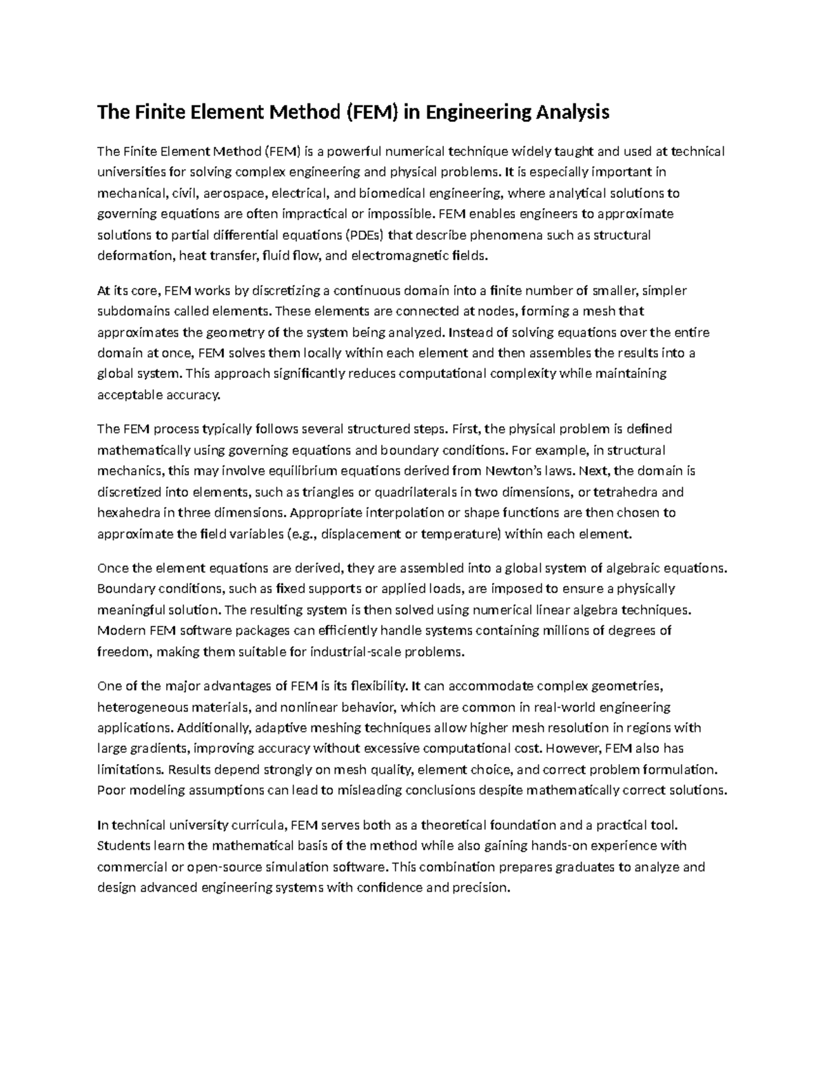 FEM in Engineering Analysis: Techniques and Applications - Studocu