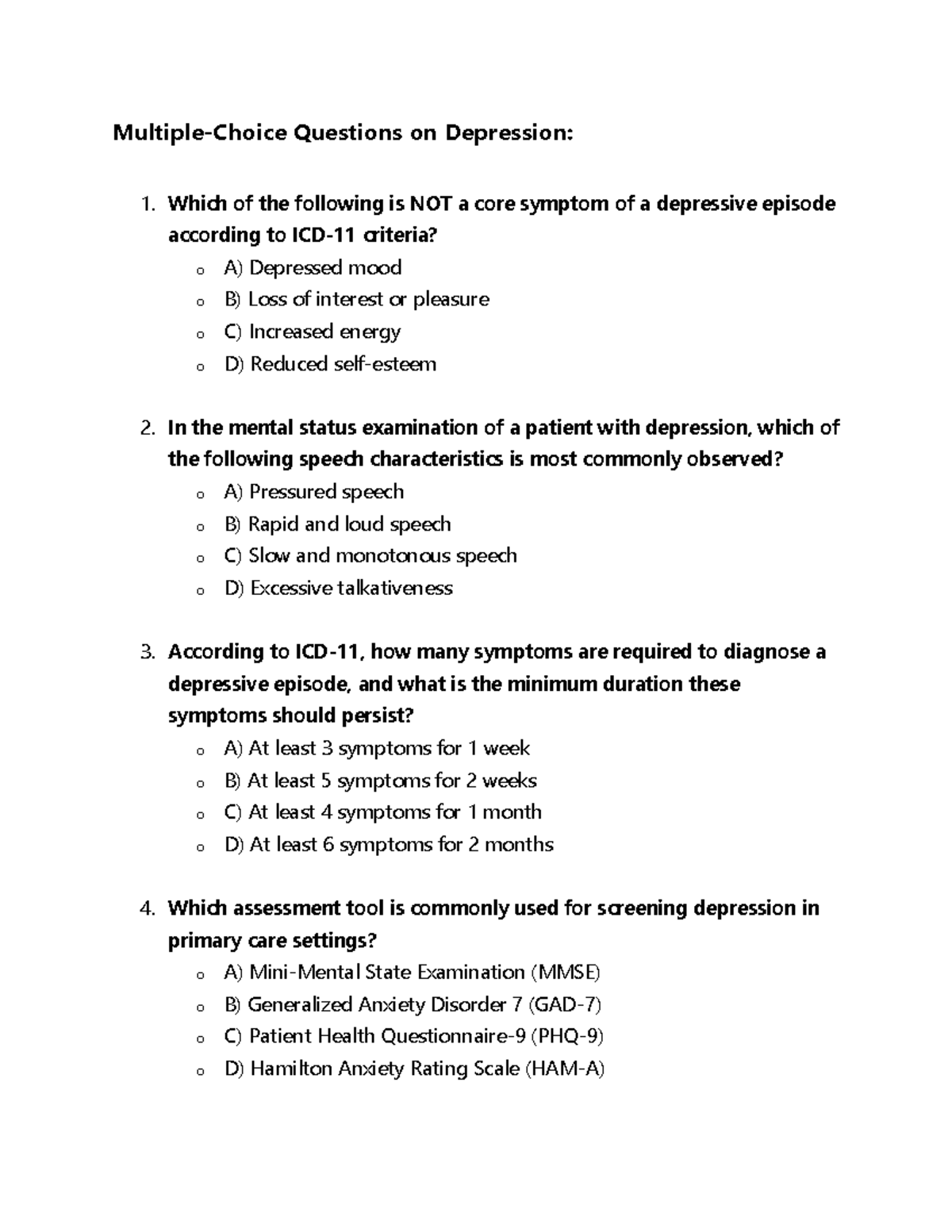 MCQs on Depression: Comprehensive Summary for Exam Preparation - Studocu
