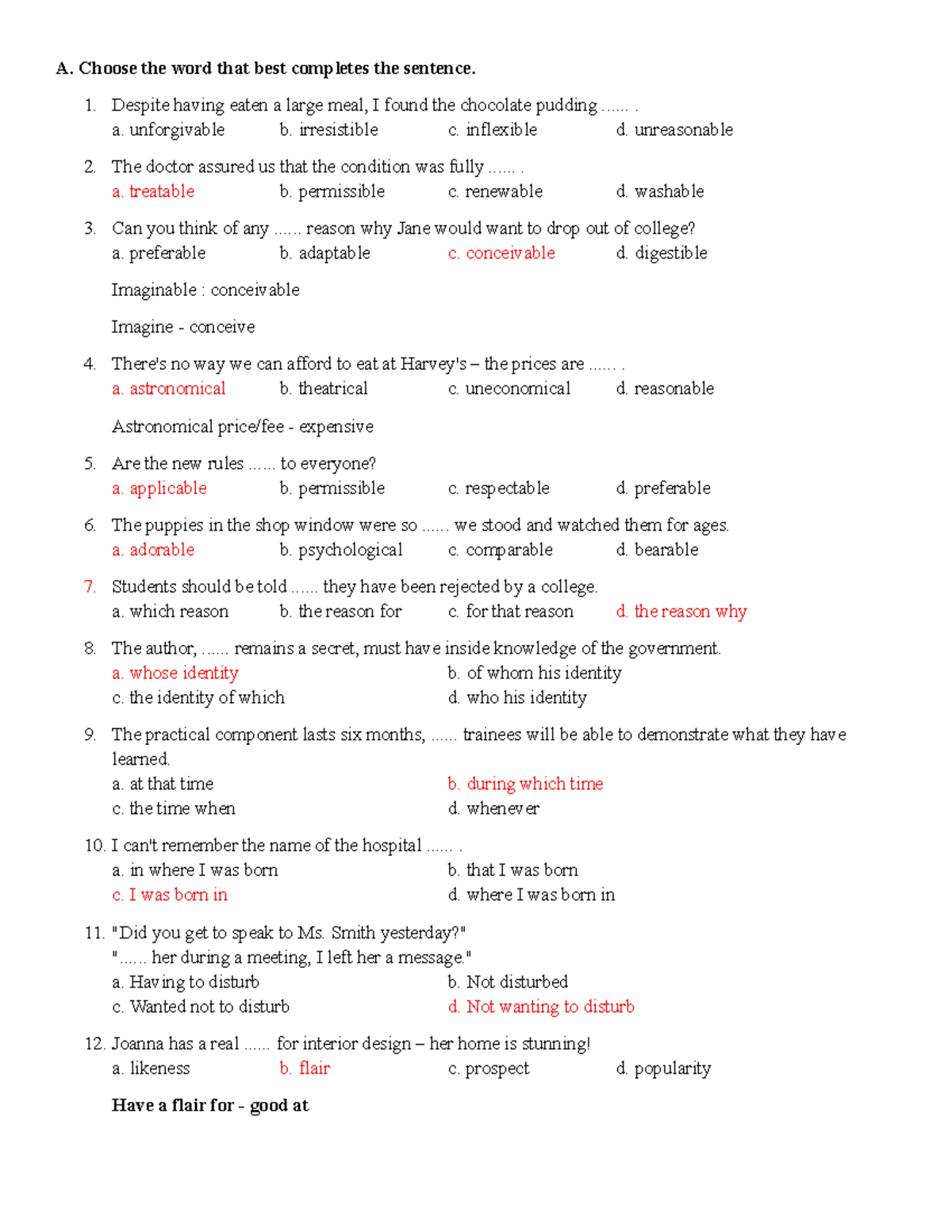 Handout: Vocabulary and Reading Comprehension Exercises - Course Code ...
