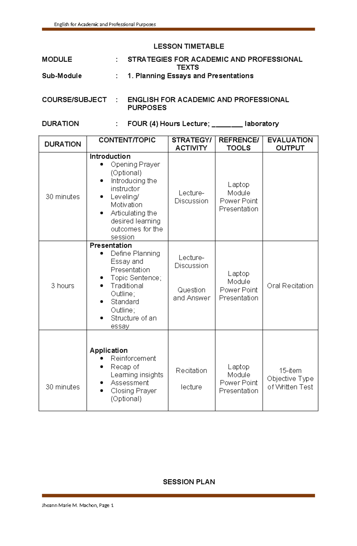 ENGLISH FOR ACADEMIC AND PROFESSIONAL PURPOSES: LESSON TIMETABLE ...