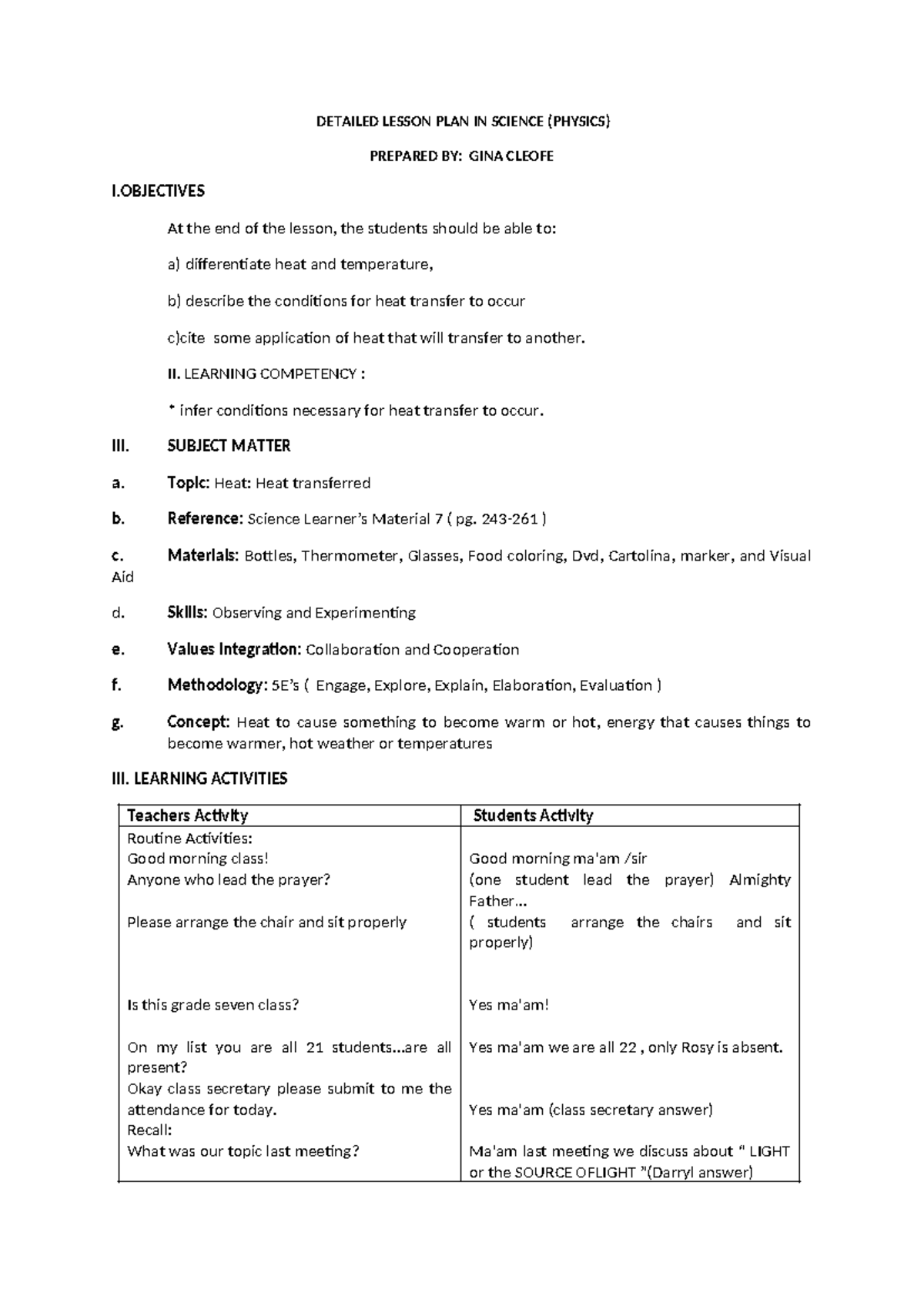 Detailed Lesson Plan in Science (Physics) on Heat Transfer - Studocu