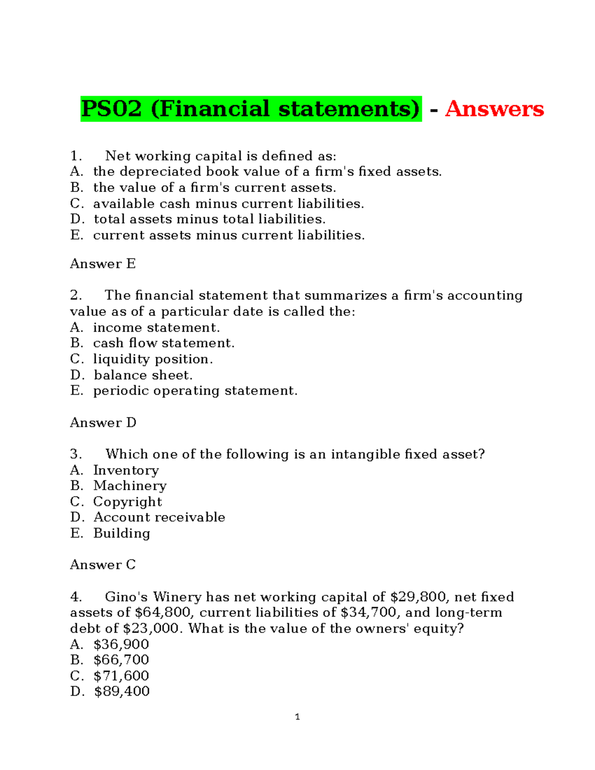 PS02 (Financial Statements) - Answer Key and Explanations - Studocu