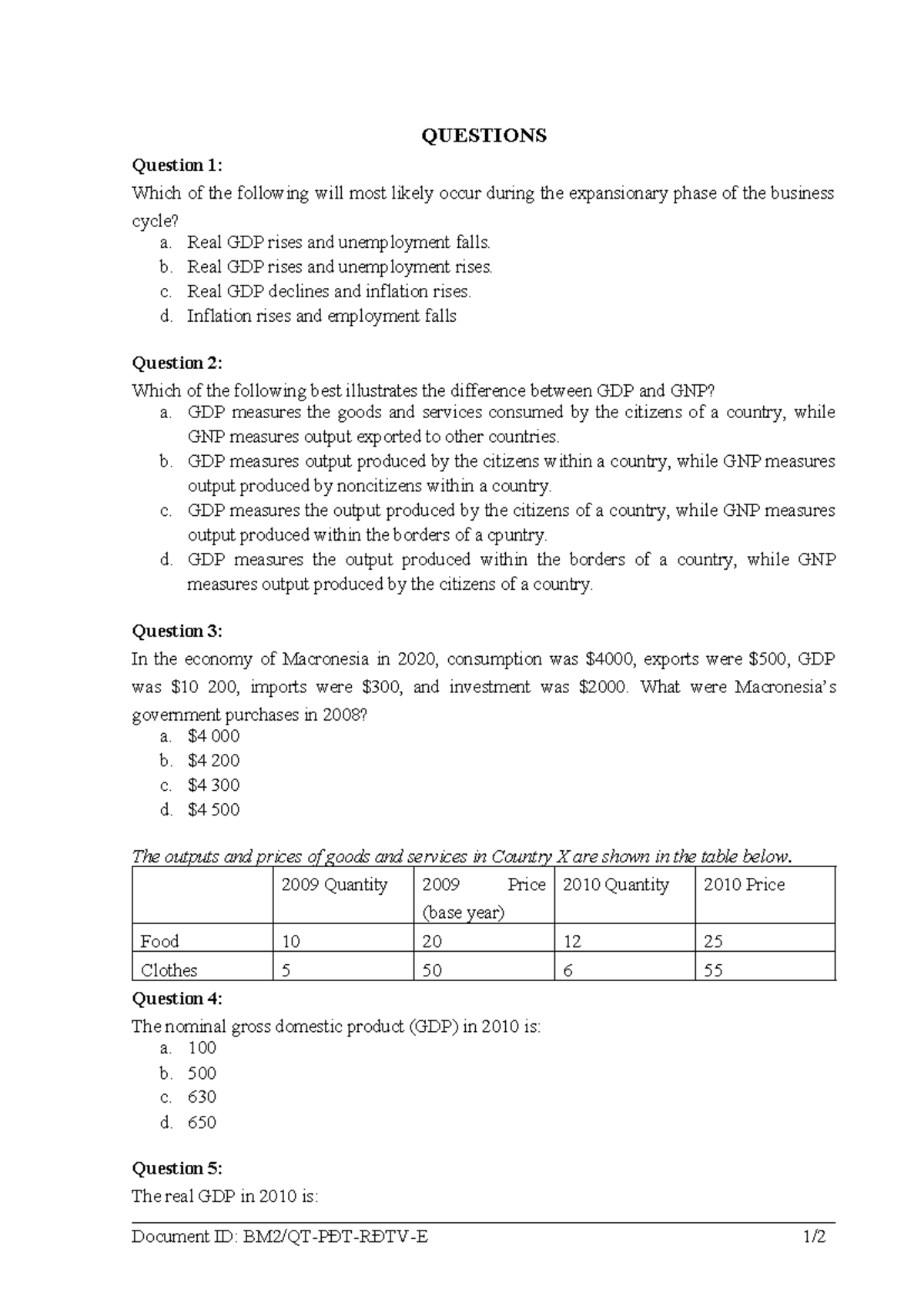 Macroeconomics - MCQ 01: Business Cycle & GDP Concepts - Studocu