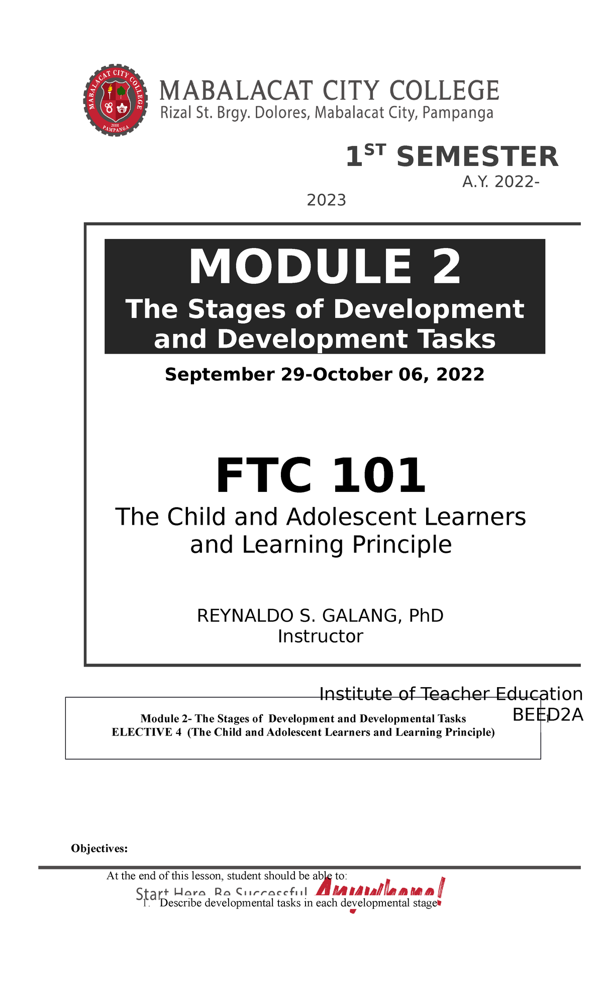 BEED2A Module 2: Stages of Development & Developmental Tasks - Studocu