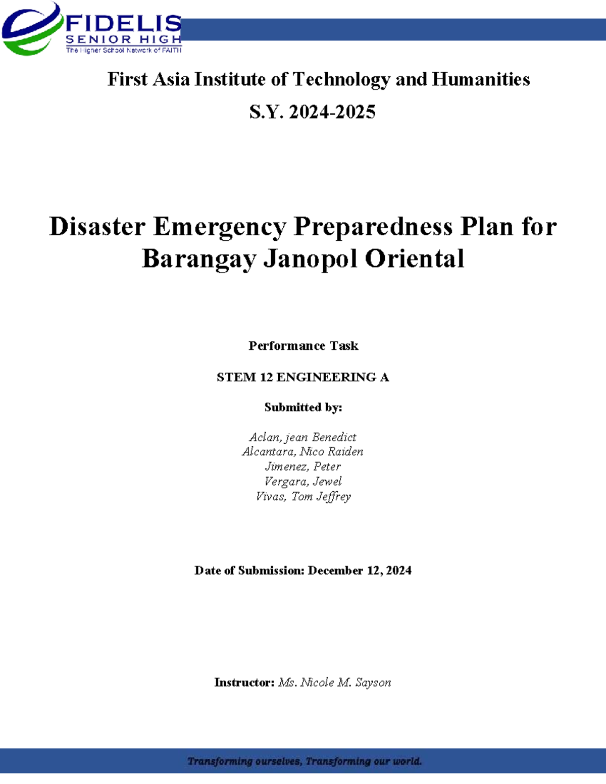 Disaster Emergency Preparedness Plan for Barangay Janopol Oriental ...