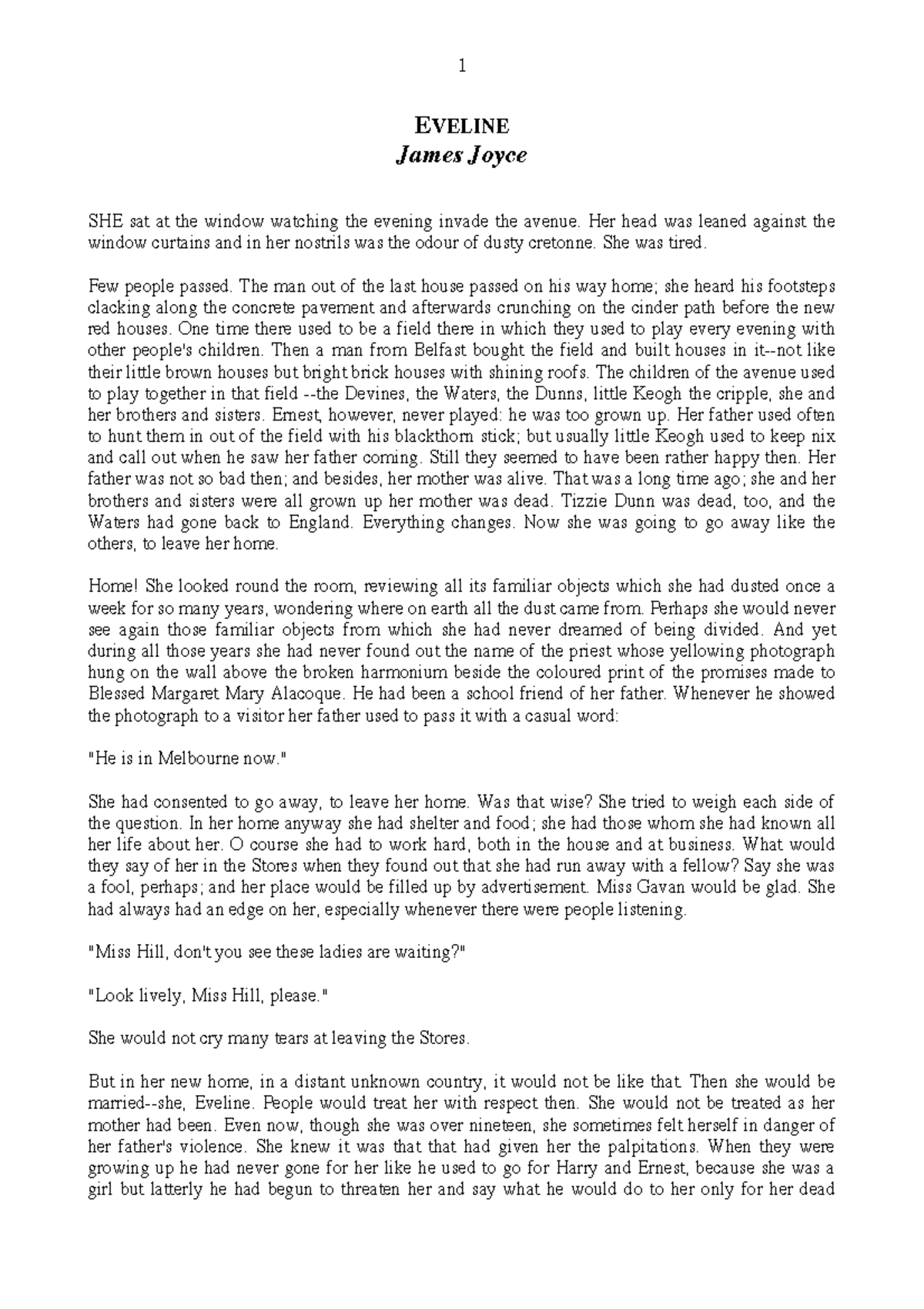 EVELINE by James Joyce - Full Text Reading Analysis - Studocu